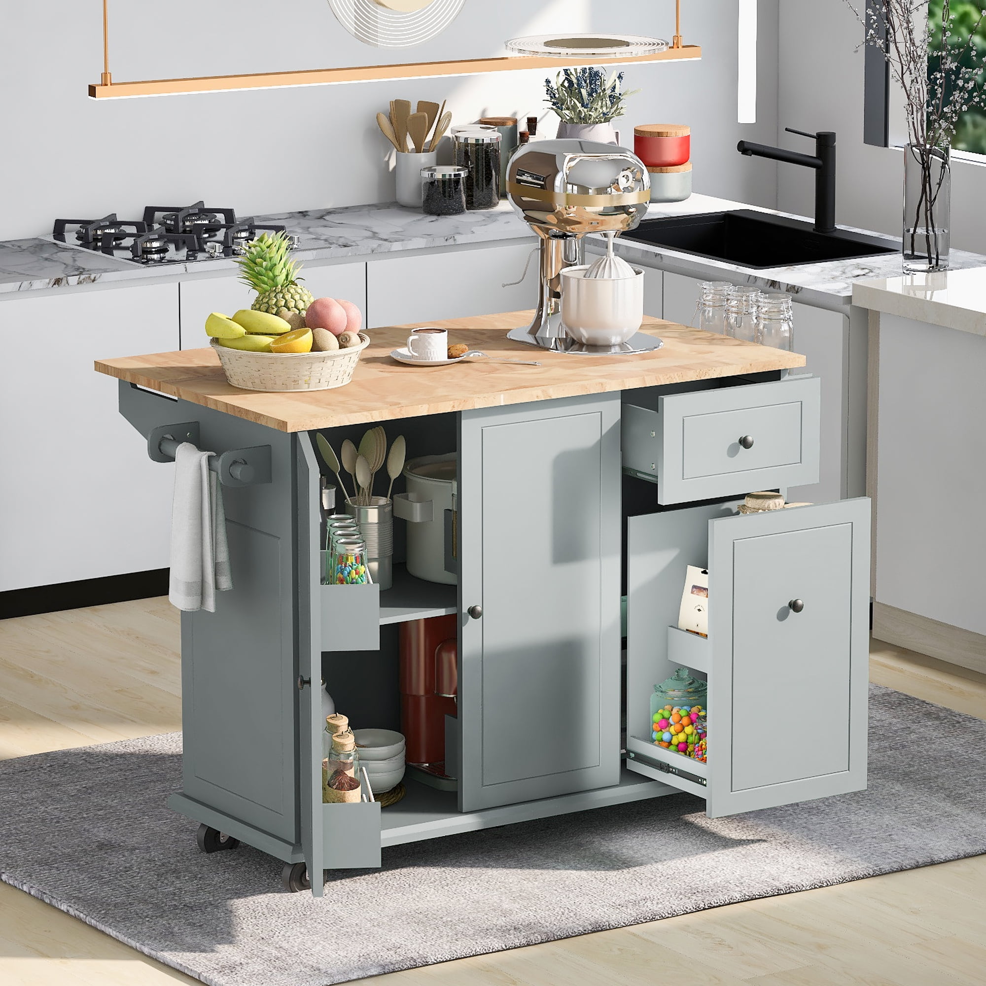 53.9" W Mobile Kitchen Island On Wheels, Kitchen Island Cart, Rolling ...
