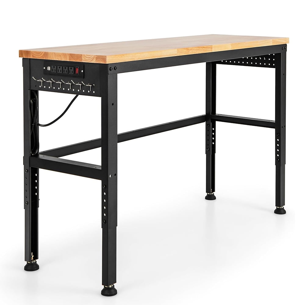 53” Adjustable l Work Table, Oak Wood Work Bench with Power Outlet ...