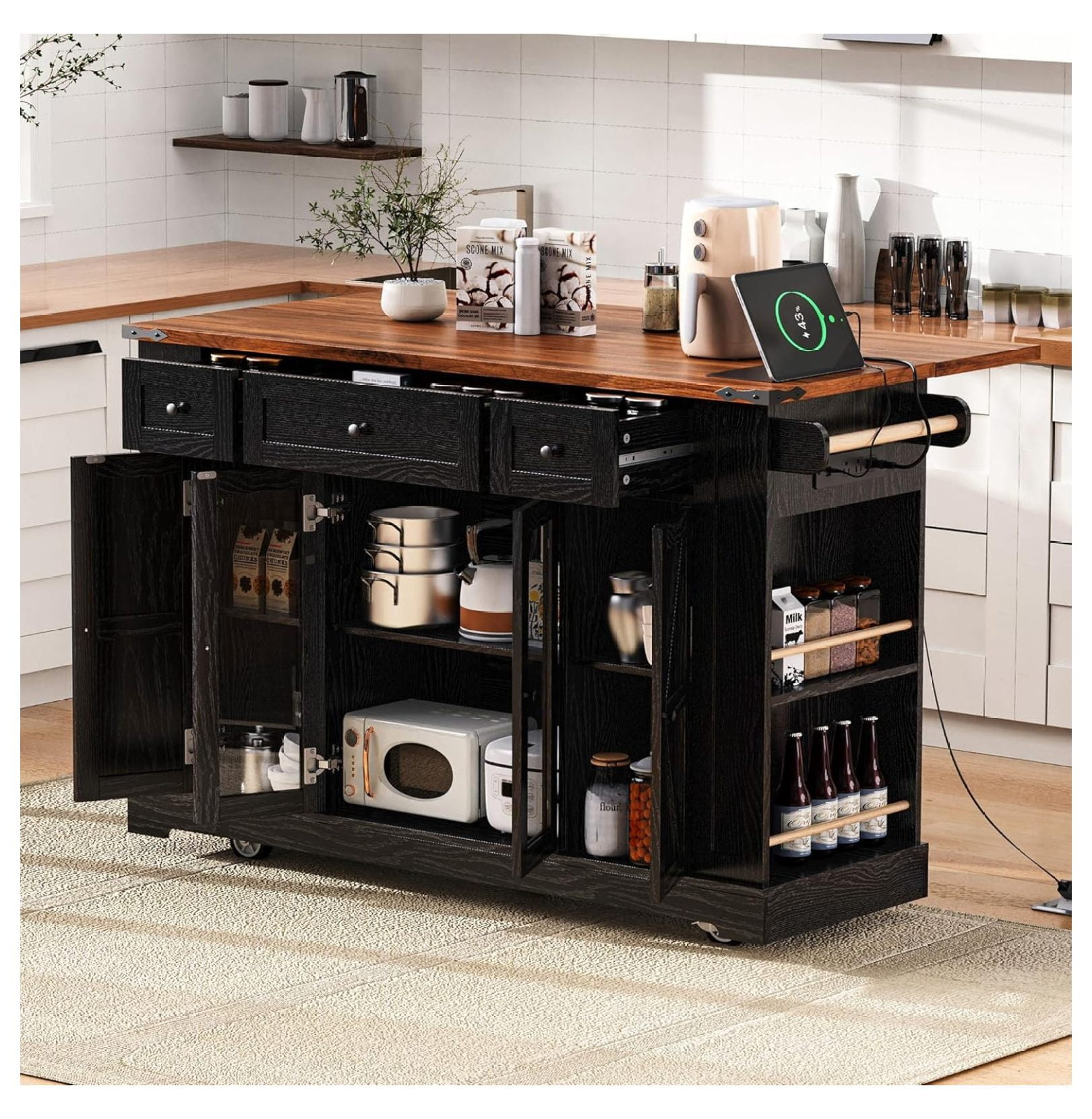 53'' Farmhouse Kitchen Island with Drop Leaf, Two Tempered Glass ...