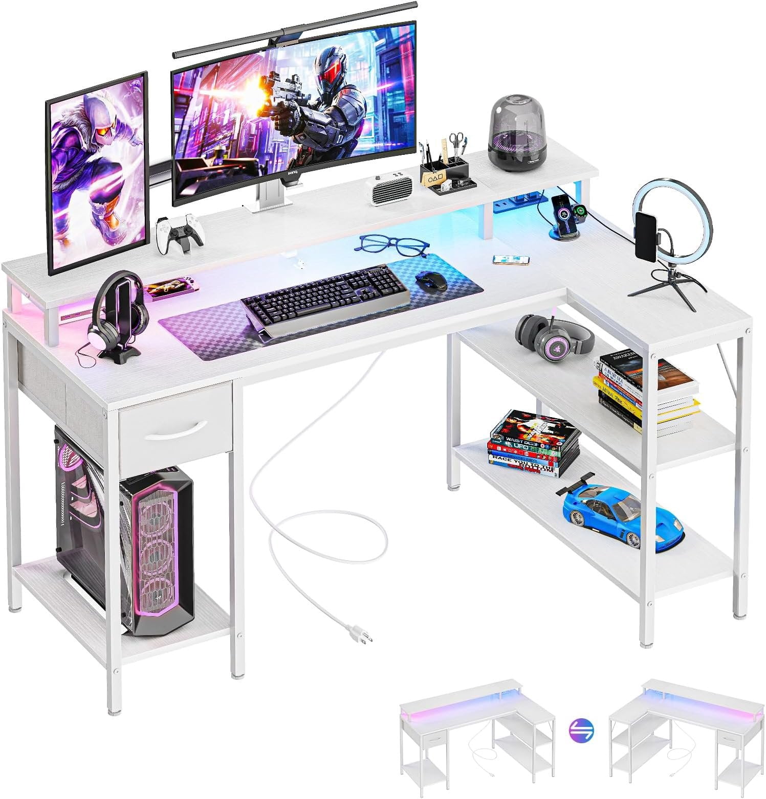 53" Gaming Desk with USB Ports & LED Lights, Reversible L Shaped Desks ...