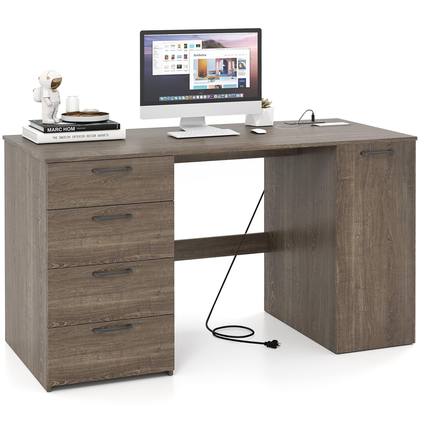 53" Home Office Writing Desk with Storage Drawers, Computer Workstation ...