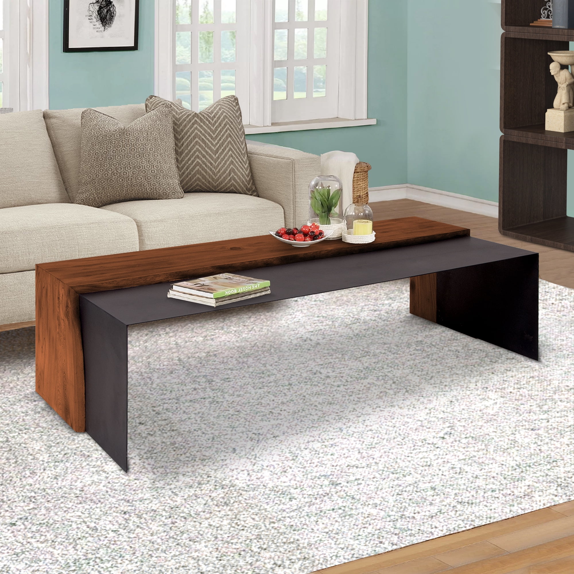 53 Inch Acacia Wood Coffee Table, Horizontal Split Design, Live Edge ...