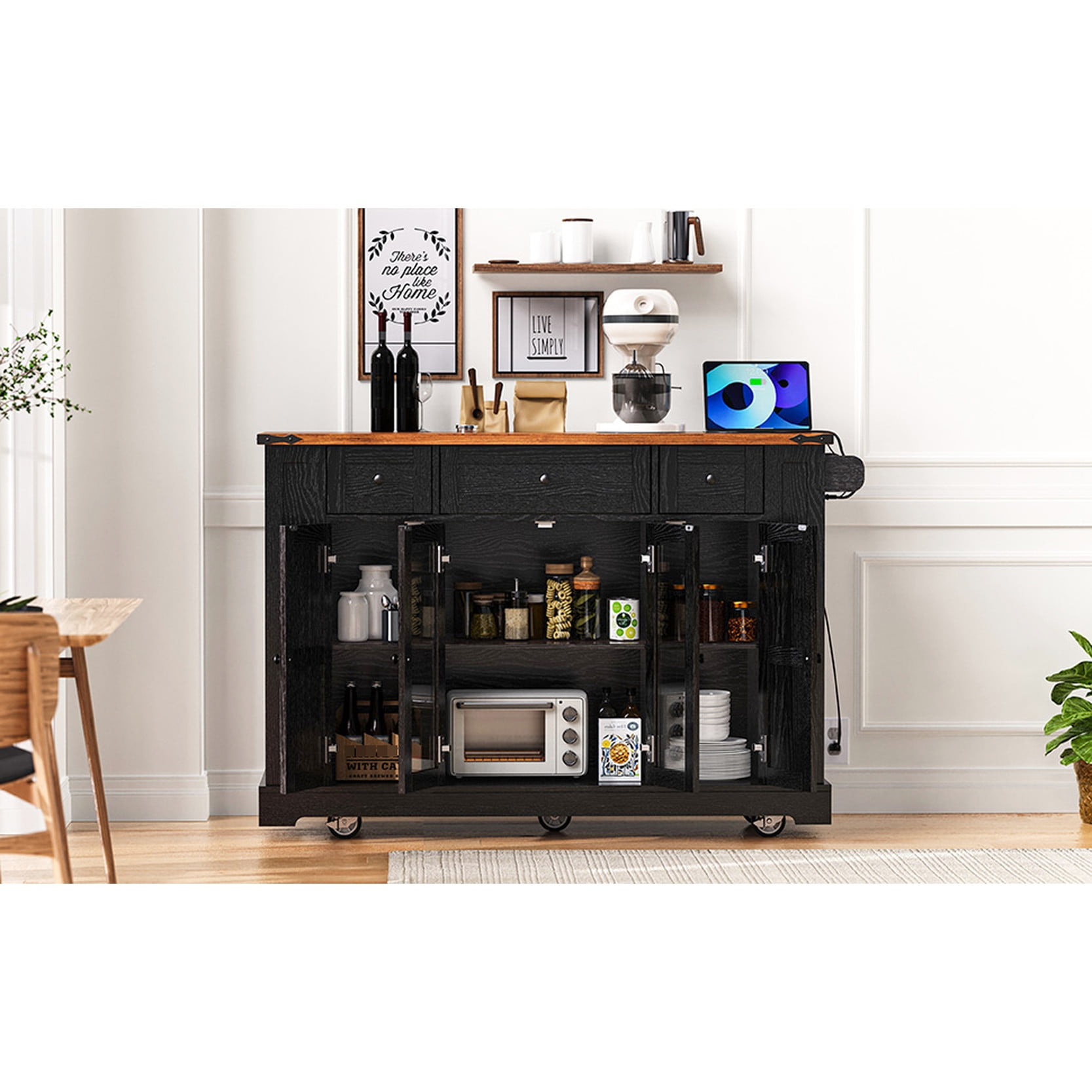 53-Inch Farmhouse Kitchen Cart with Drop Leaf, Lockable Wheels & AC ...