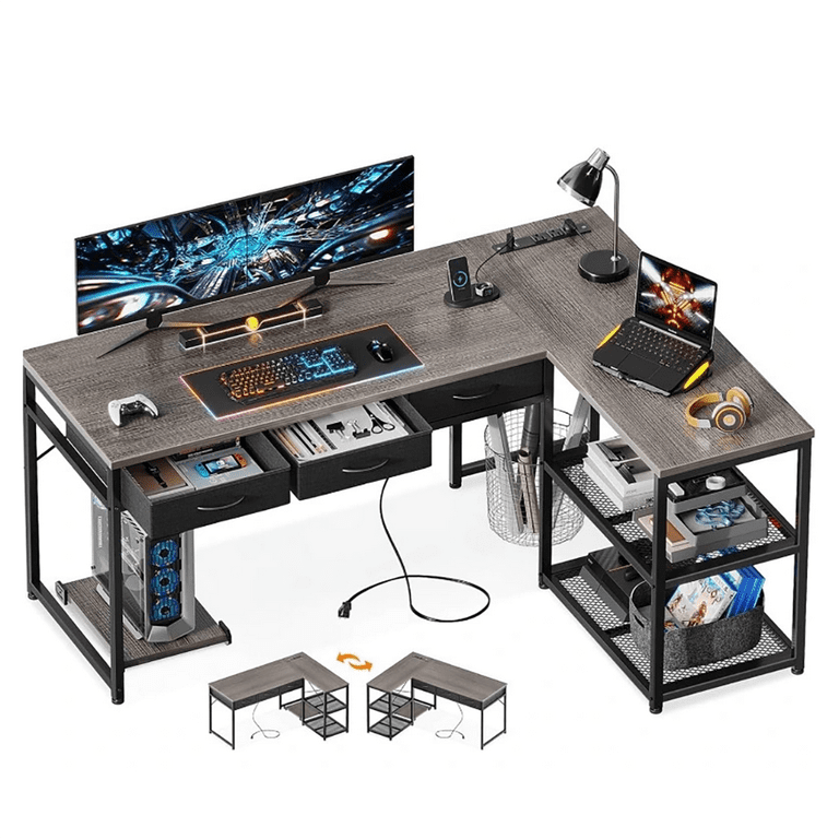 53 Inch L Shaped Computer Desk with Drawers Corner Desk with Power Outlets Reversible Storage Shelves Movable CPU Stand Walmart
