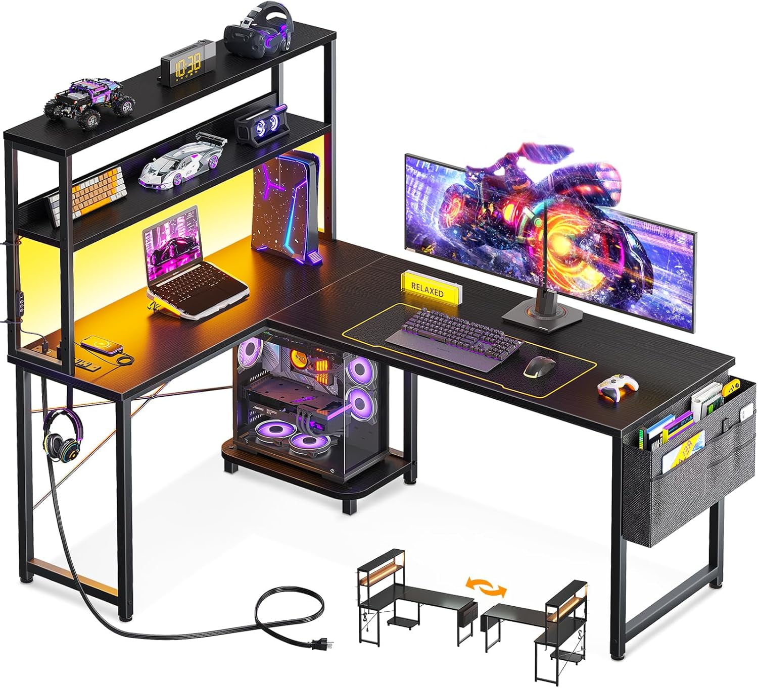 53 Inch L Shaped Desk with LED Lighting, Reversible Gaming Desk with ...