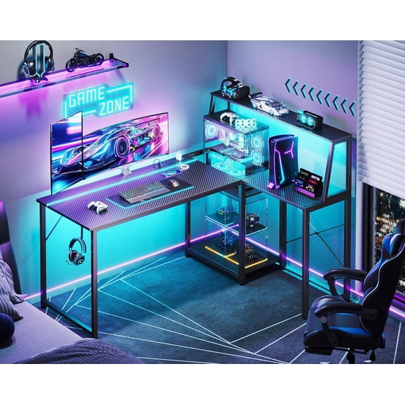 53 Inch L Shaped Gaming Desk with Power Outlet & LED Lights, Computer ...