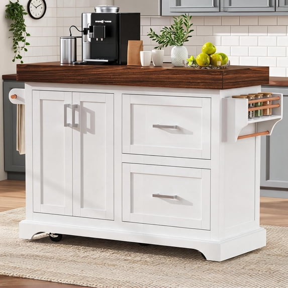 53-Inch Rolling Kitchen Island with Storage and Spice Rack ...