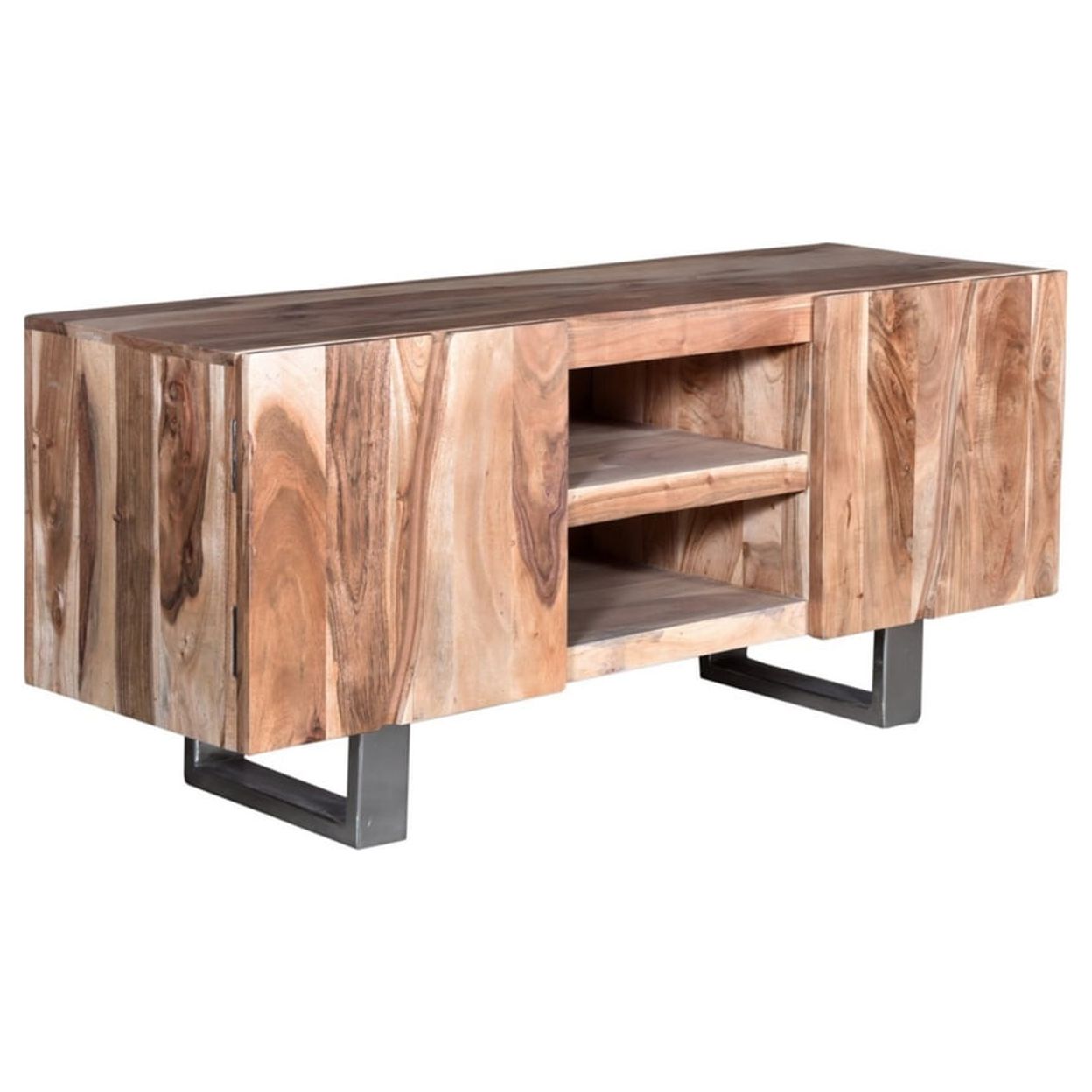 53 Inch TV Entertainment Console, Acacia Wood, Black Iron Base, 2 ...