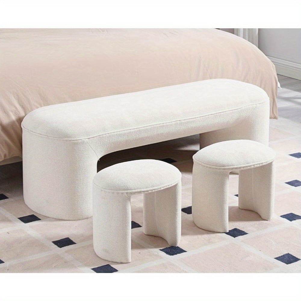 53-Inch Upholstered Bedroom Bench with Two Matching Nesting Ottomans ...