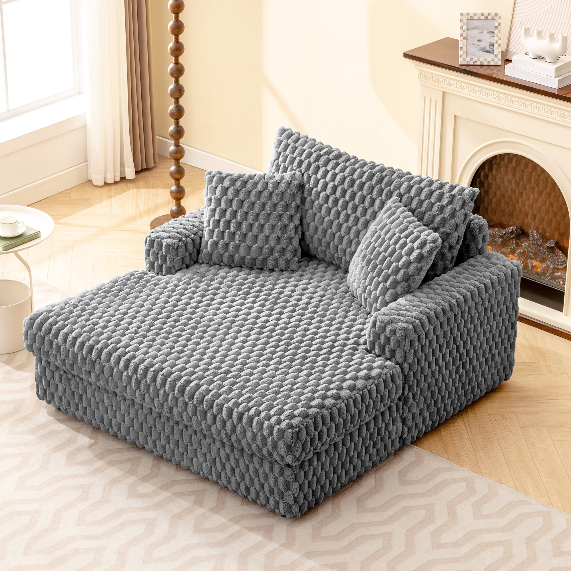 53 Inch Upholstered Chaise Lounge, Plush Sleeper Chair with Throw ...