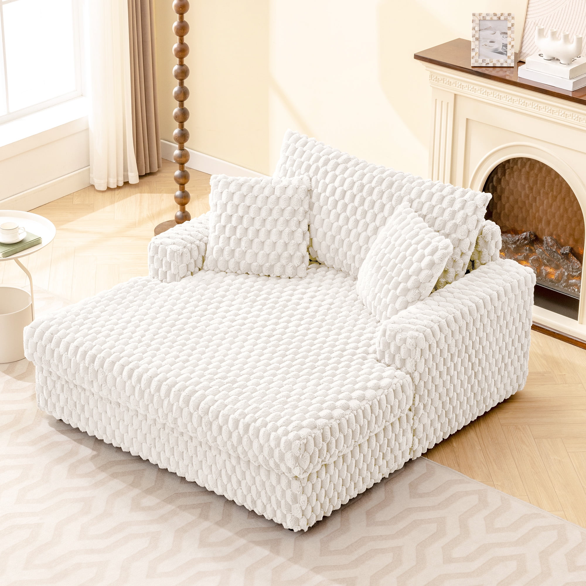 53 Inch Upholstered Chaise Lounge, Plush Sleeper Chair with Throw ...