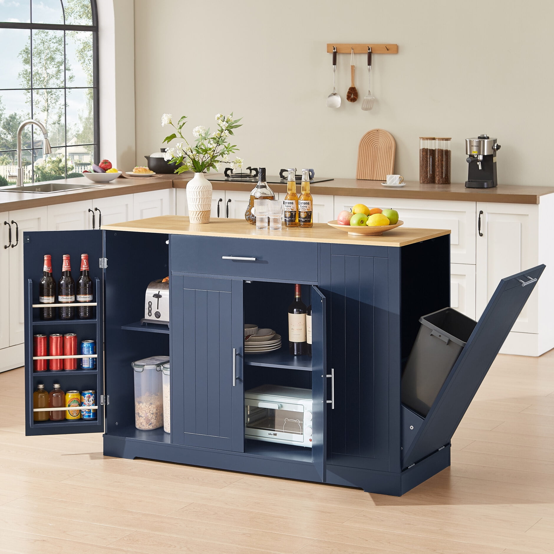 53" Kitchen Island with Storage Drawers and Tilt-Out Trash Cabinet ...