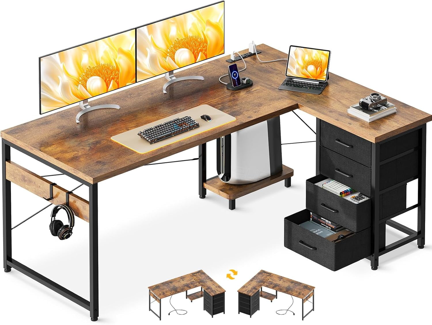 53'' L Shaped Desk with Drawers, Reversible Computer Desk with Storage ...