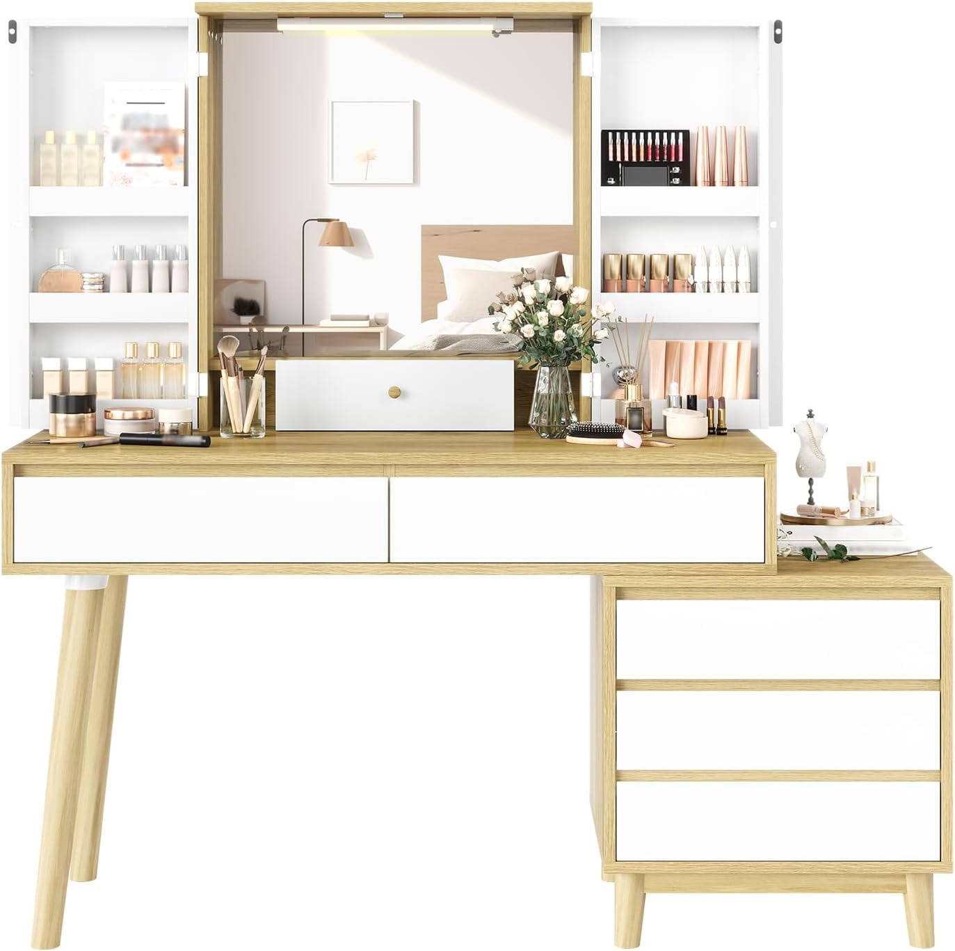 53" Large Farmhouse Vanity Desk with Mirror and Lights & Charging ...