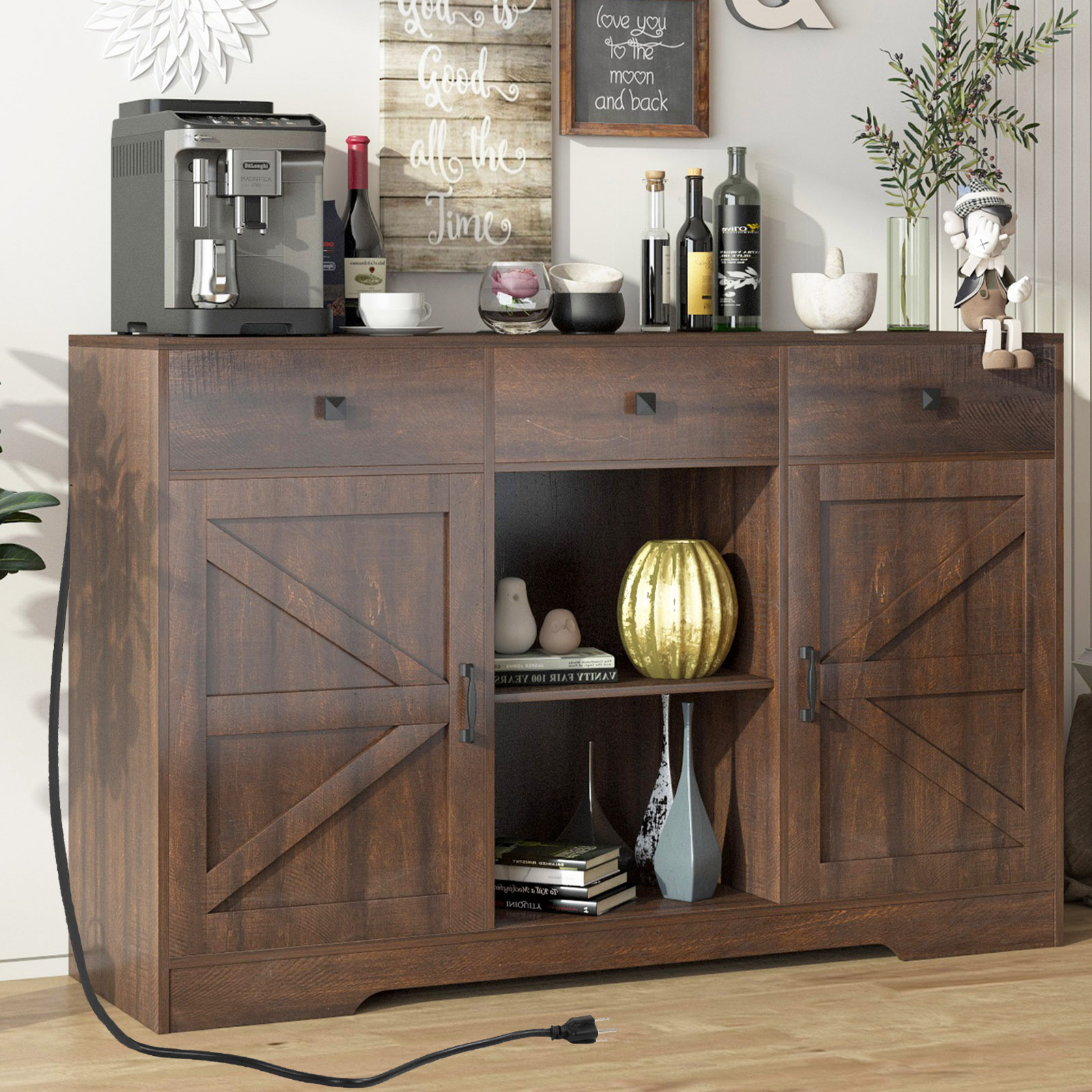 Modern Farmhouse Buffet Cabinet, 4-Doors 3-Drawers Wood Coffee Bar ...