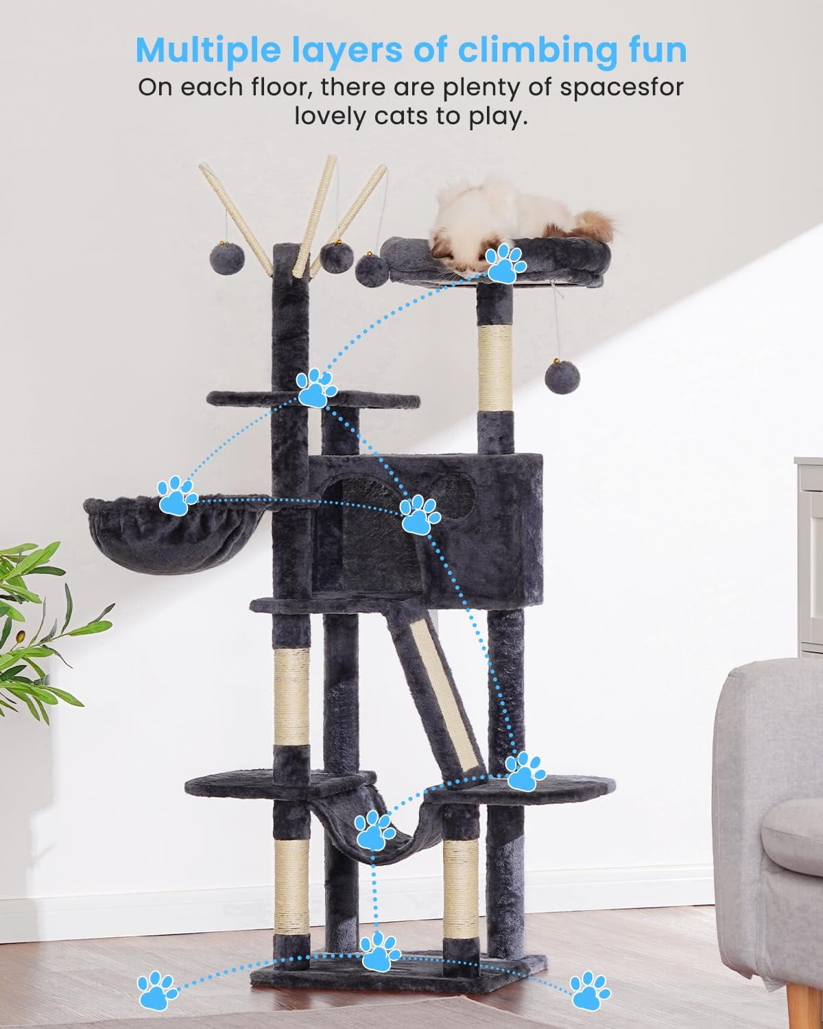 53" Multi-Level Cat Tree, Indoor Cat Tower with Padded Bed, Toy Balls ...