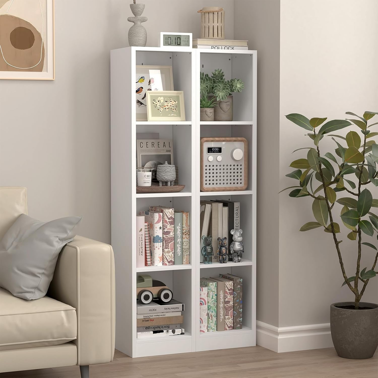 53" Narrow 4-Tier White Cubby Storage Bookshelves, Metal Organizer Rack ...