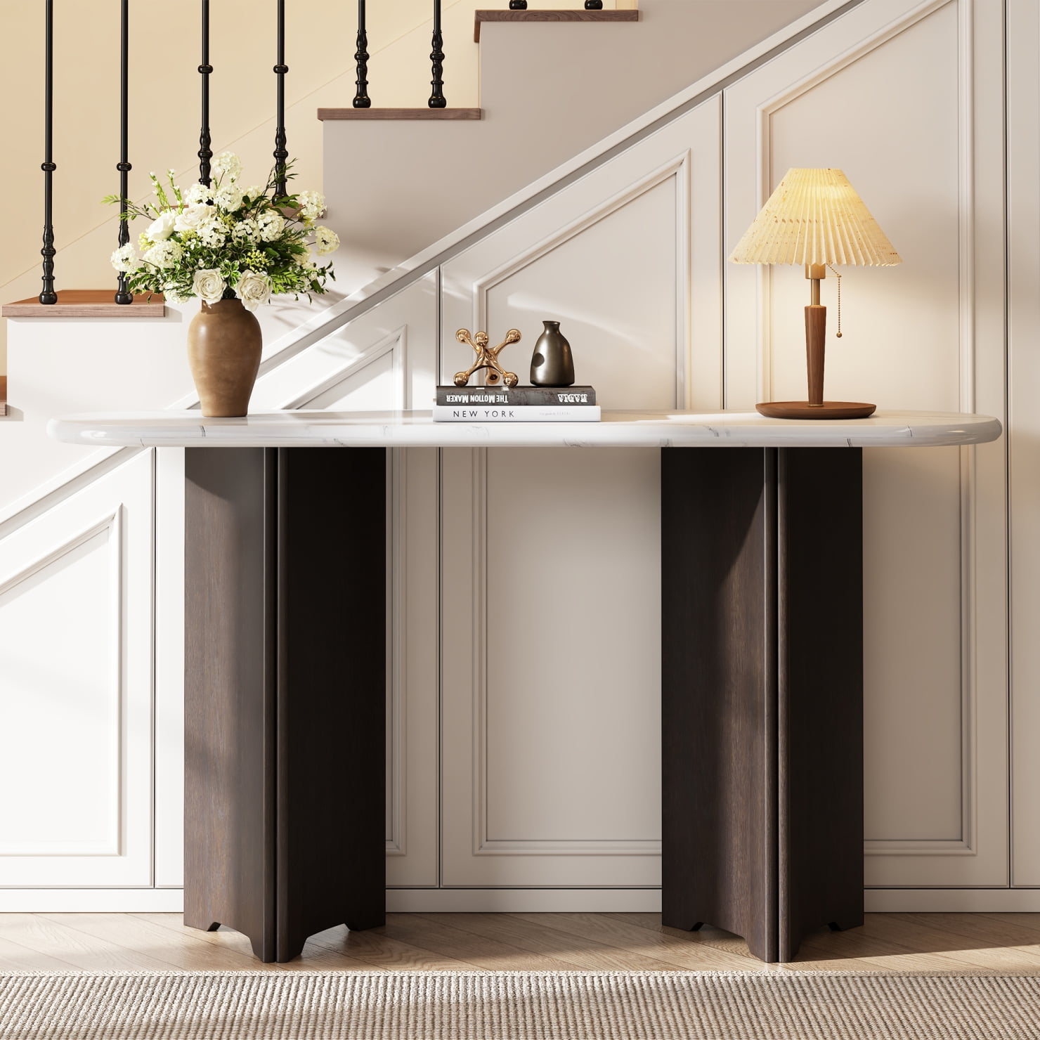 53'' Narrow Console Table, Entryway Table with Oval Marble Top, Rustic ...