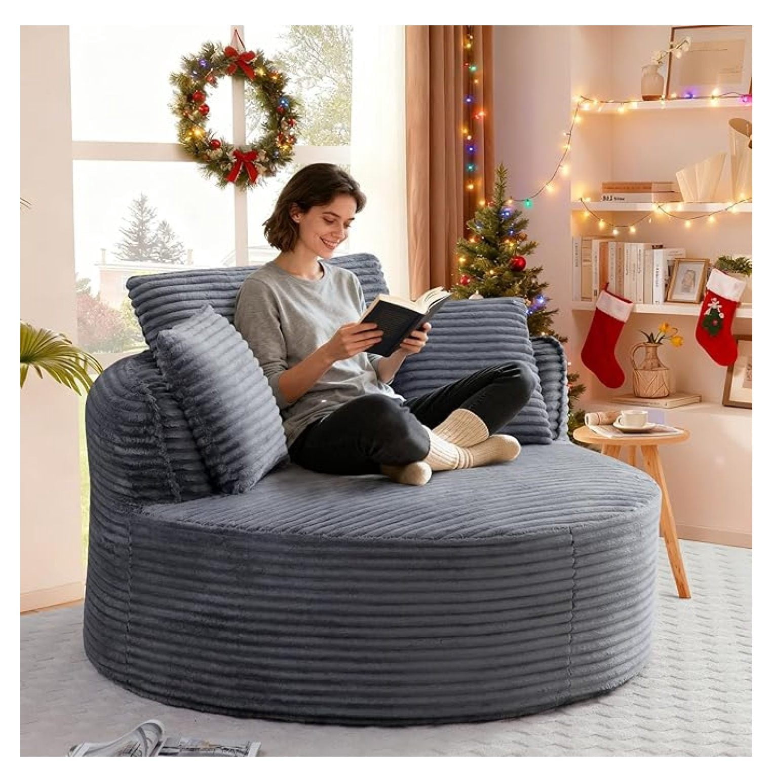 53'' Oversized Round Chaise Longue Chair, Upholstered Corduroy Single ...