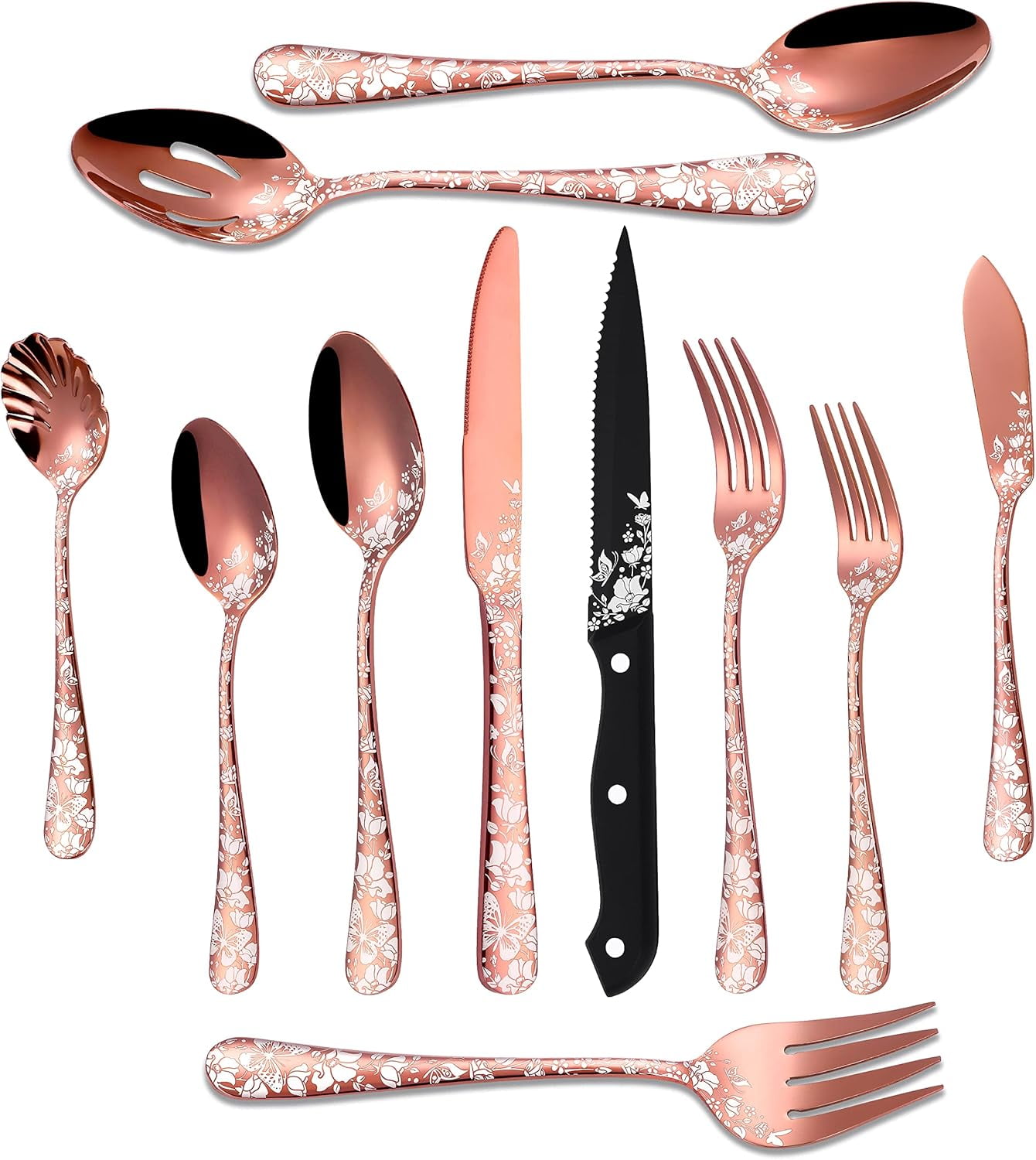 53-Piece Copper Silverware Set with Serving Utensils for 8, Stainless Steel Rose Gold Flatware ...