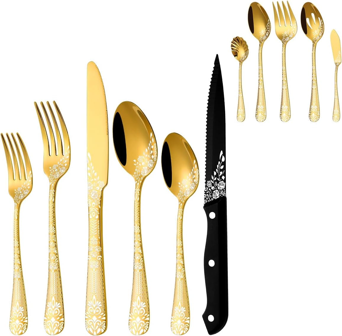 53-Piece Gold Silverware Set with Serving Utensils, Gold Flatware Set ...