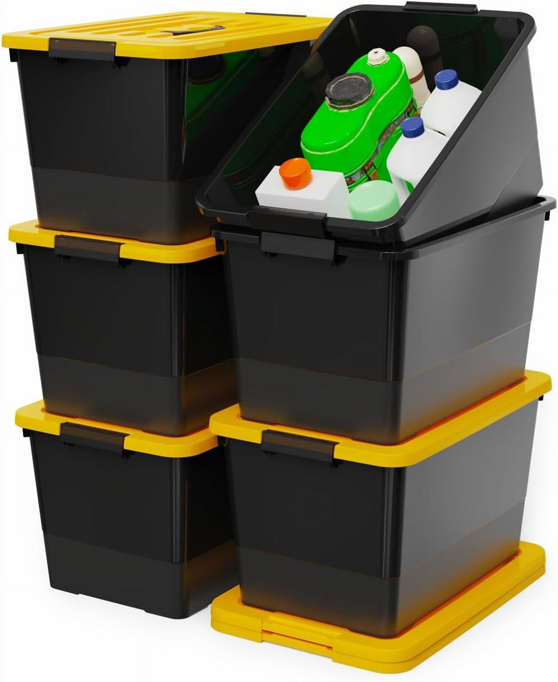 53 Quart Stackable Plastic Storage Bins with Yellow Lids, 6 Pack Black ...