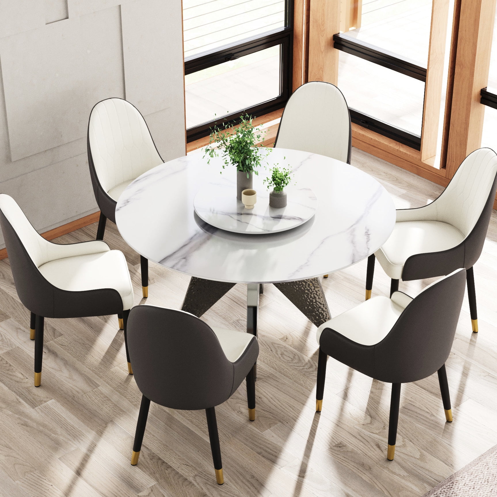 53" Round Dining Table with Silver Stainless Steel Design, 23.62 ...