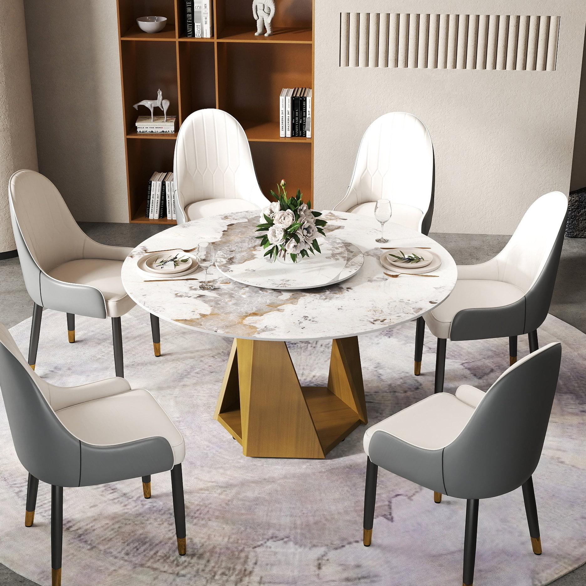 53" Round Dining Table, Sintered Stone Surface, Bronze Iron Pedestal, 6 ...