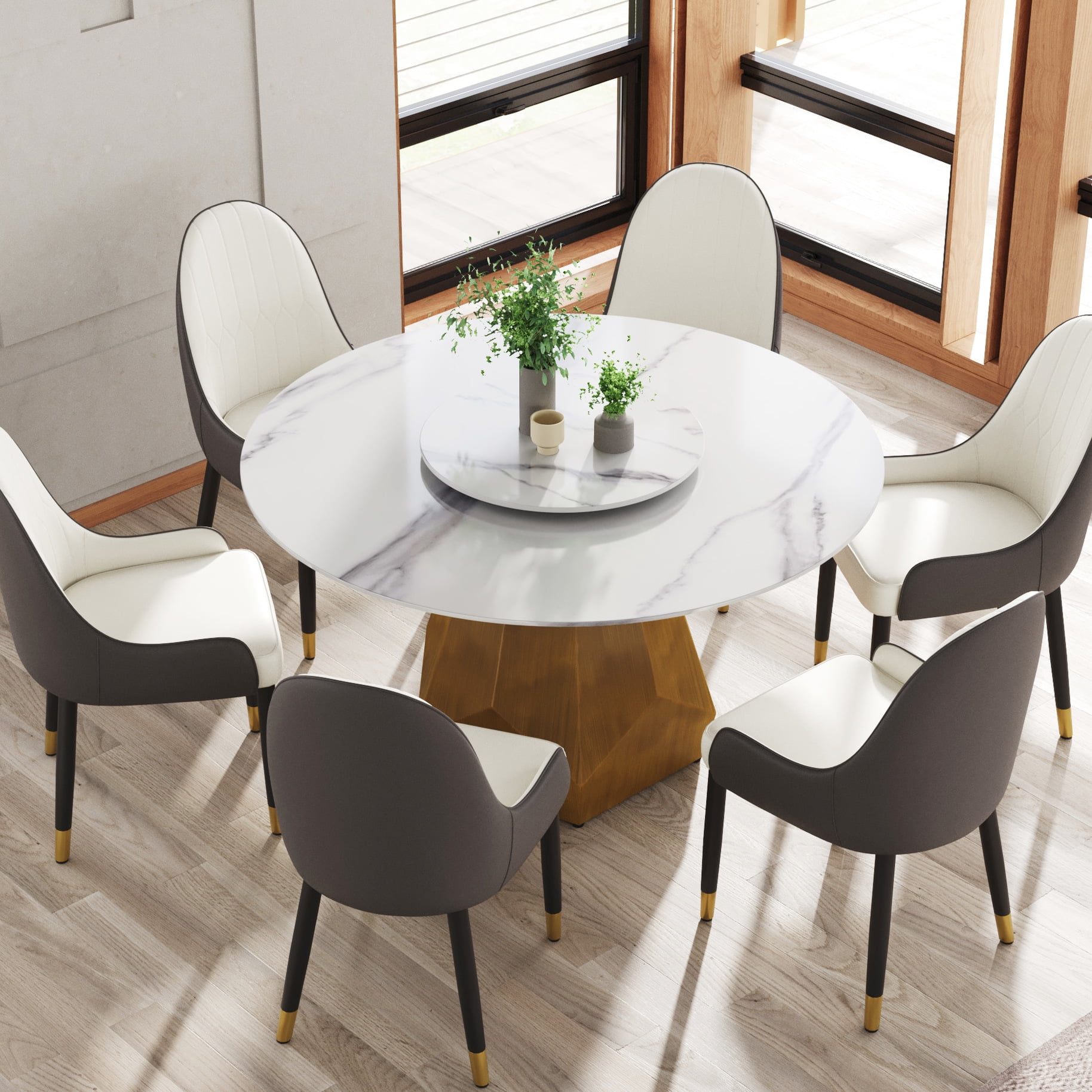 53" Round Dining Table White - Sintered Stone, Metal Base, 6 Seater, 23 ...