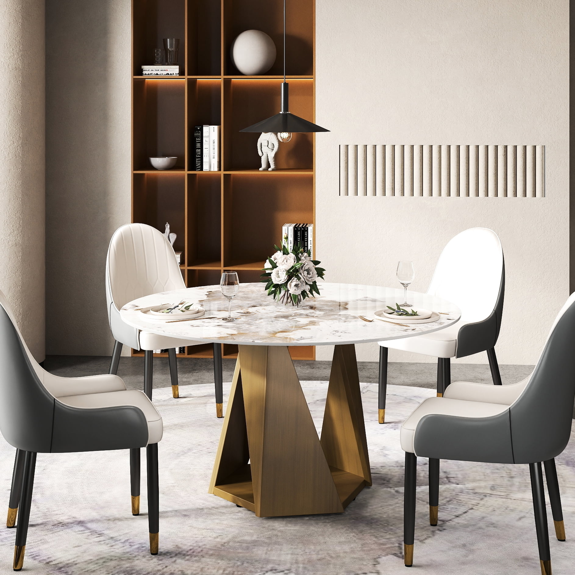 53" Round Dining Table With Sintered Stone Top & Bronze Iron Base, White For Living Room No ...