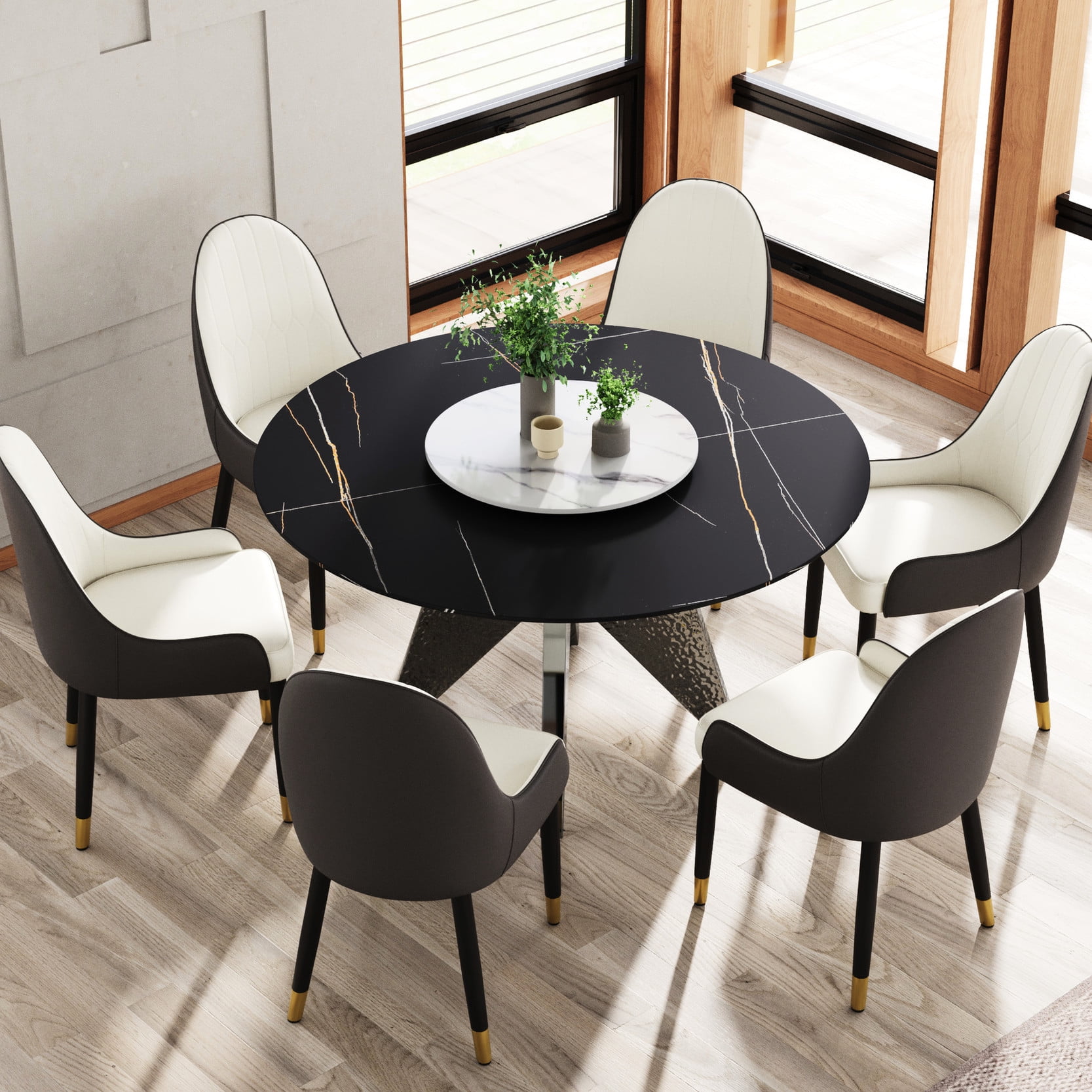 53" Round Dining Table for 6, 23.62" Turntable, Modern Style | Natural ...