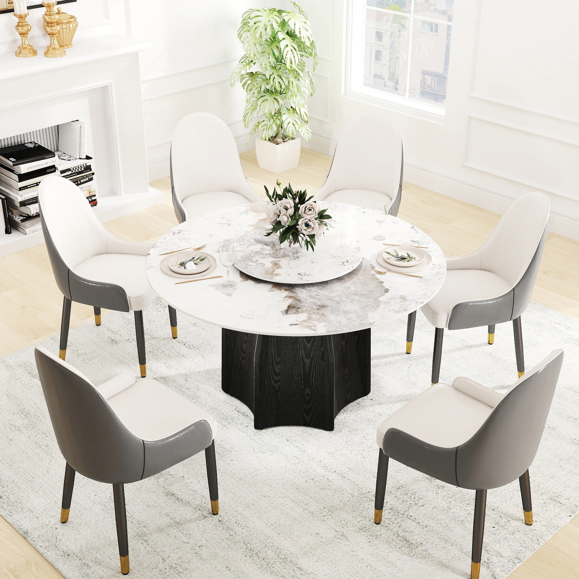 53" Round Dining Table of Sintered Stone, Oak Solid Wood Base, Suitable ...