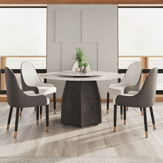 53" Round Dining Table with Black Solid Wood Base & 23.62" White ...