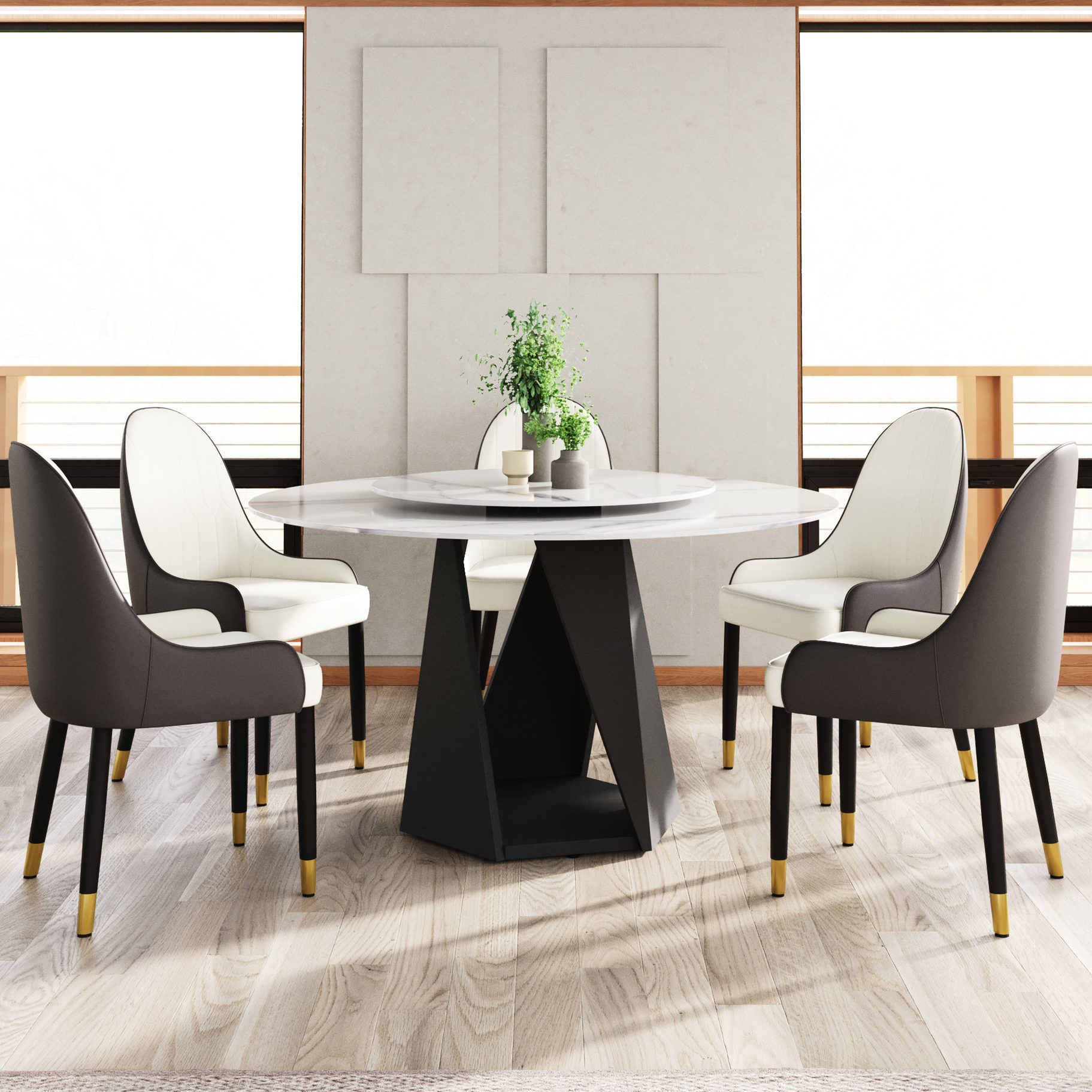 53" Round Dining Table with Sintered Stone Surface and Black Iron ...
