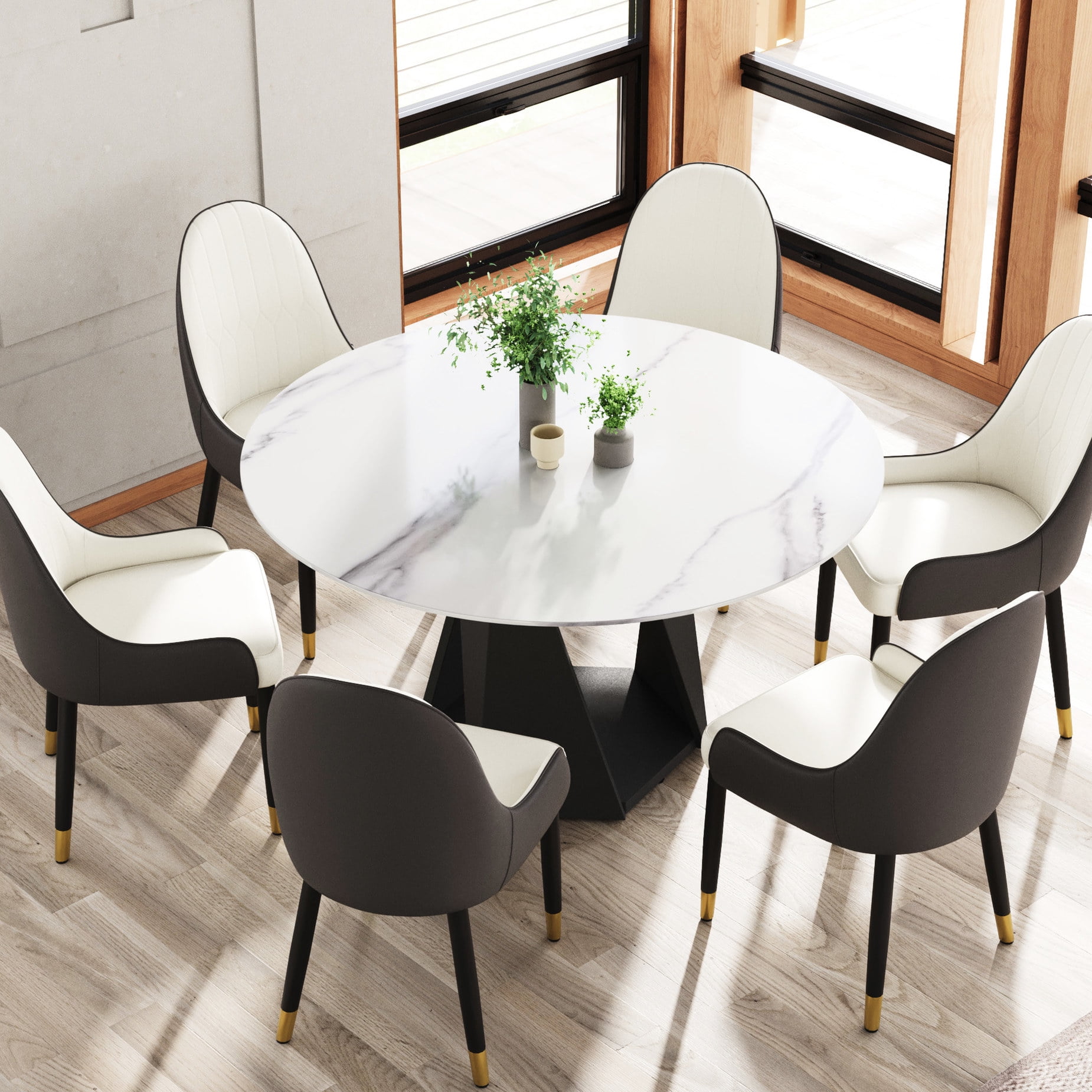 53" Round Dining Table with Stable Black Metal Base, Sintered Stone ...