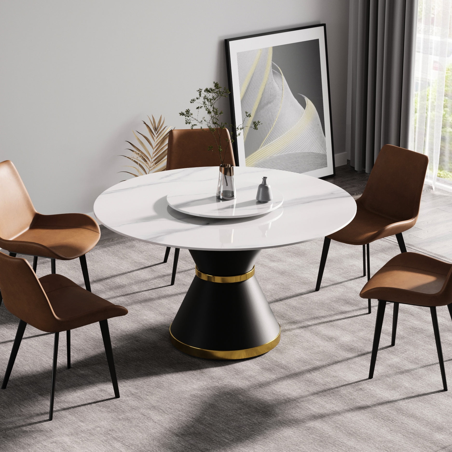 53" Round Sintered Stone Table | Accommodates 6, Rotating Function for ...