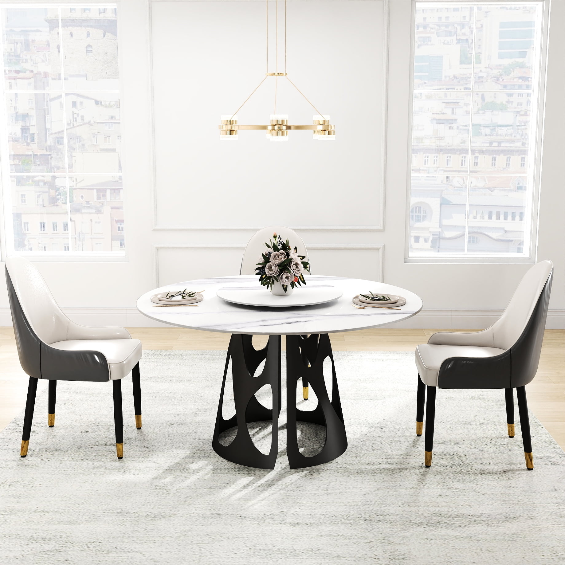 53" Round Sintered Stone Table For Dining, Black Iron Metal Base ...