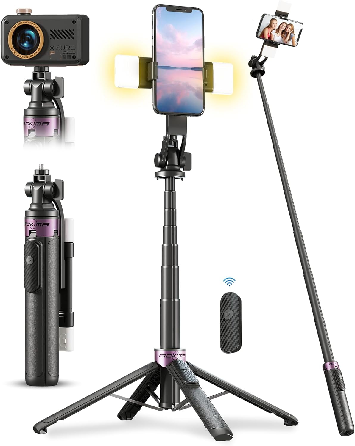 53'' Selfie Stick Tripod with Light, Enhanced 4-Leg Cell Phone Stand ...