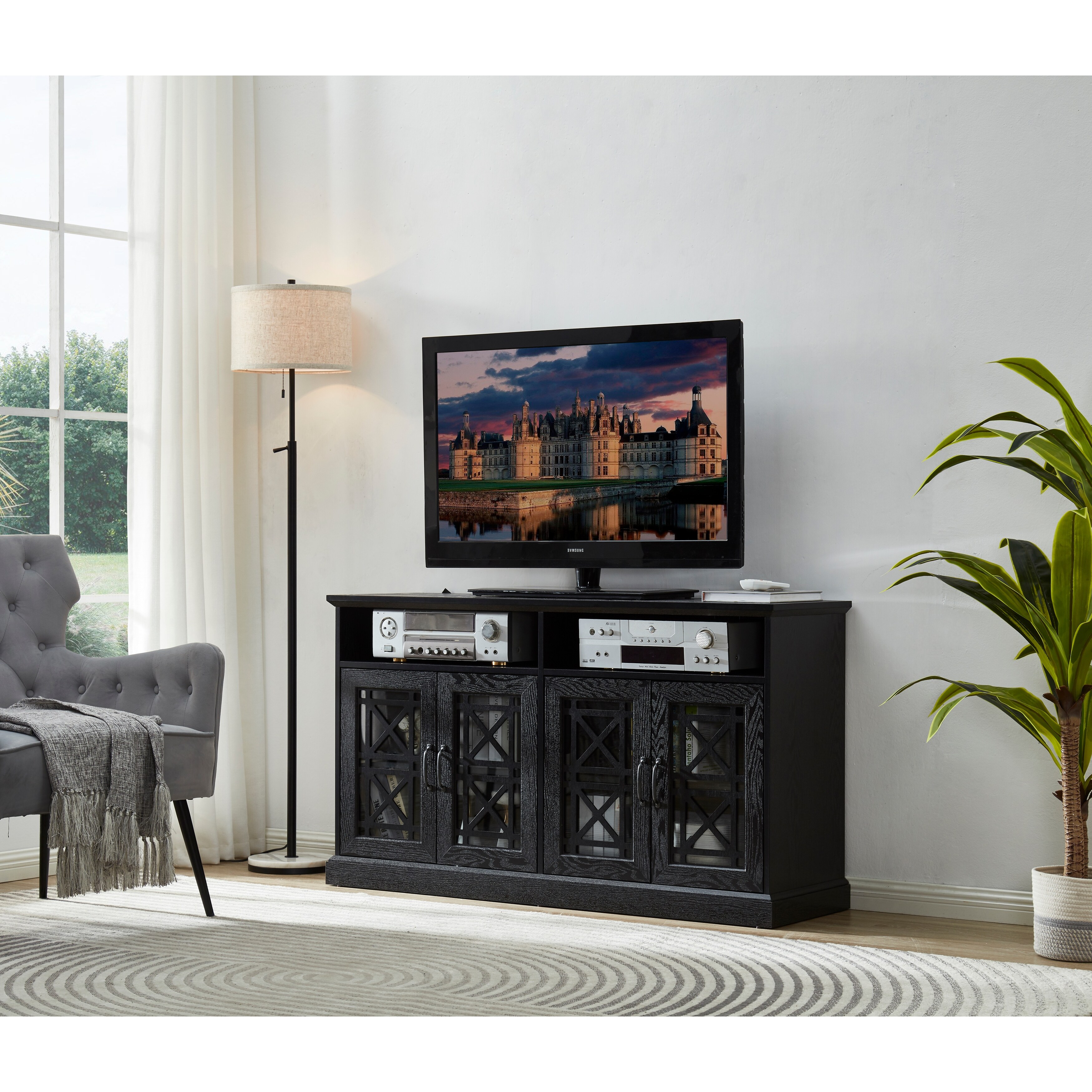53" TV Console/Storage Buffet Cabinet/Sideboard, Black- Wood Grain ...