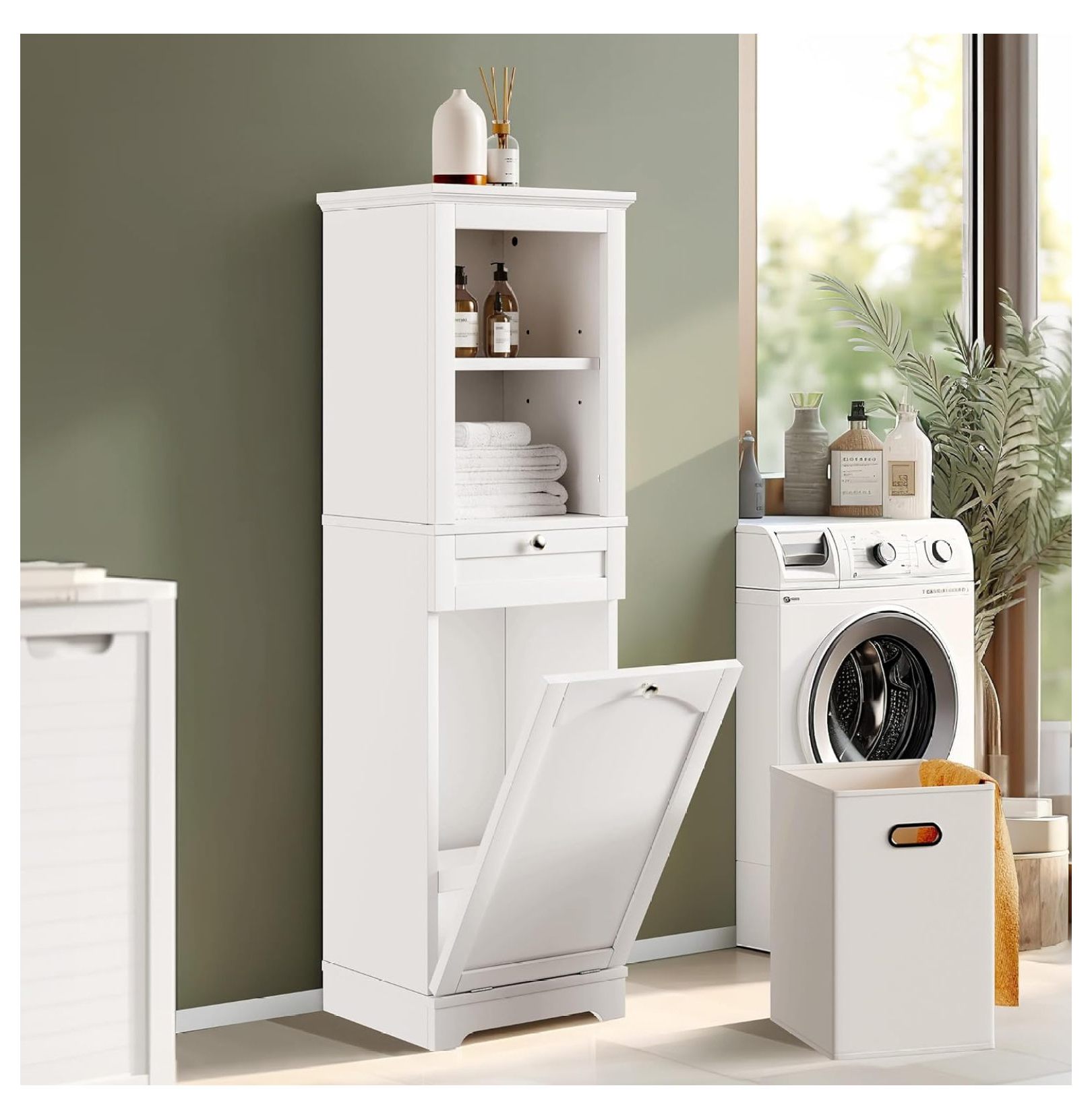 53" Tall Tilt Out Laundry Hamper Cabinet Hidden Laundry Hamper with ...