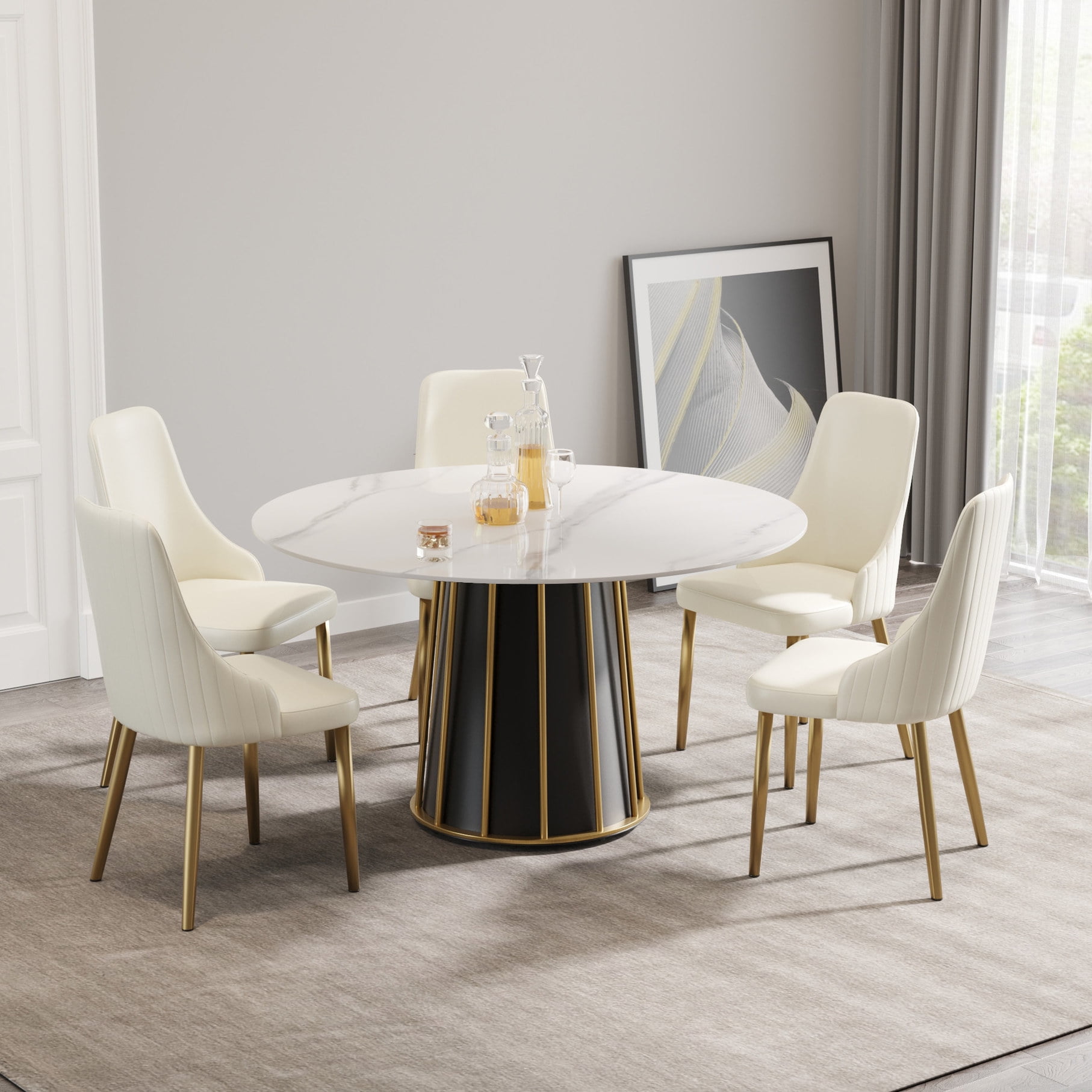 53" White Round Dining Table of Sintered Stone - Hollow Base Design ...