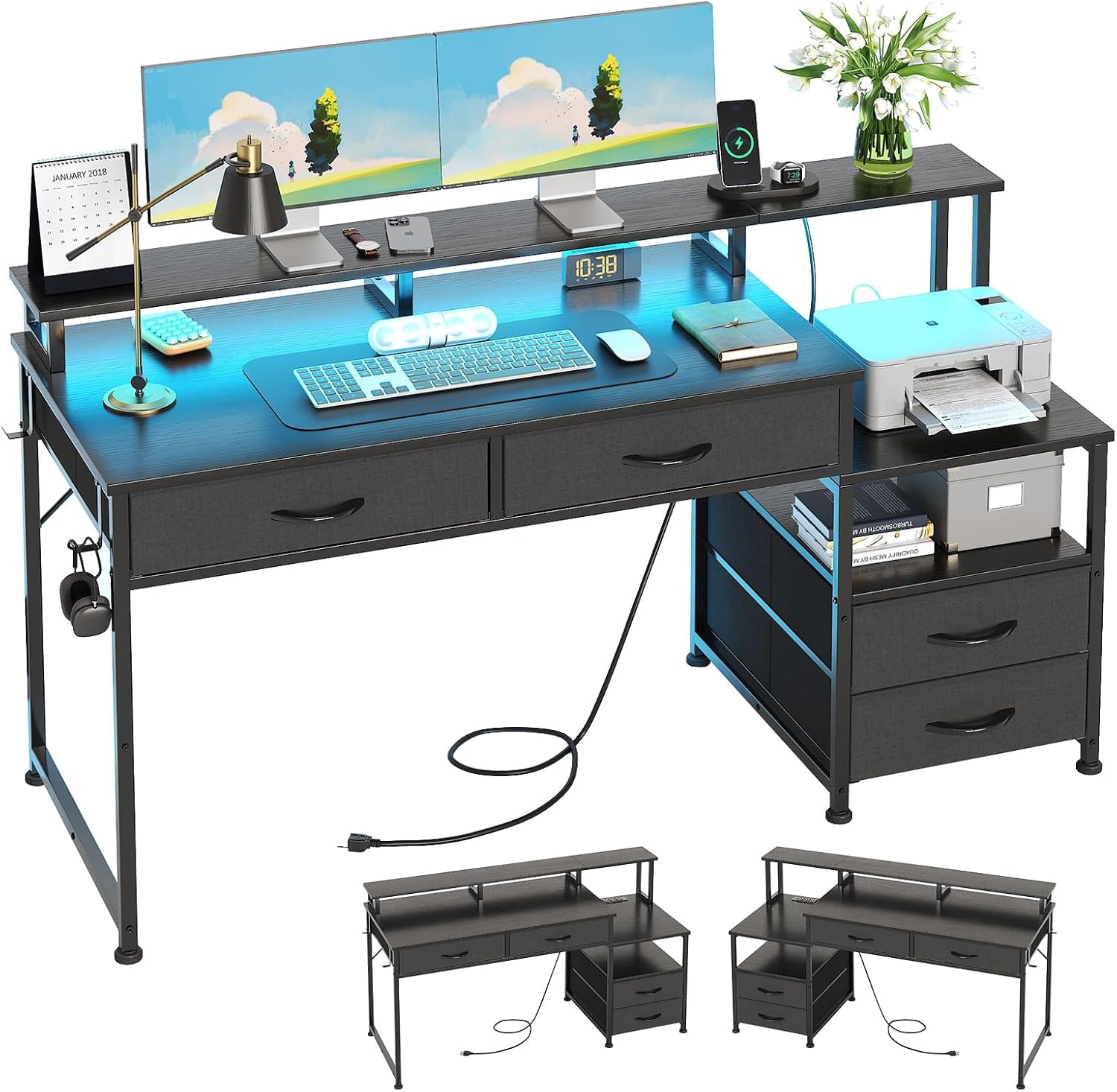 53" computer desk with 4 drawers & power outlets, reversible home ...