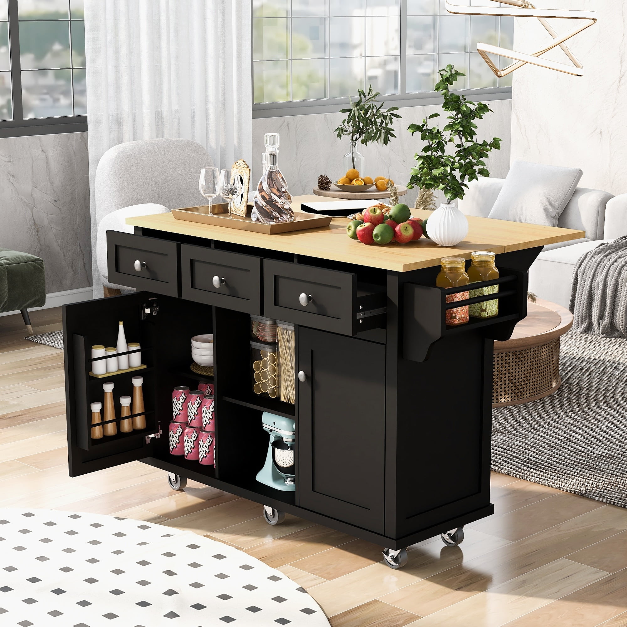 53 in. Rubber Wood Drop-Leaf Countertop Kitchen Island on 5 Wheels with ...