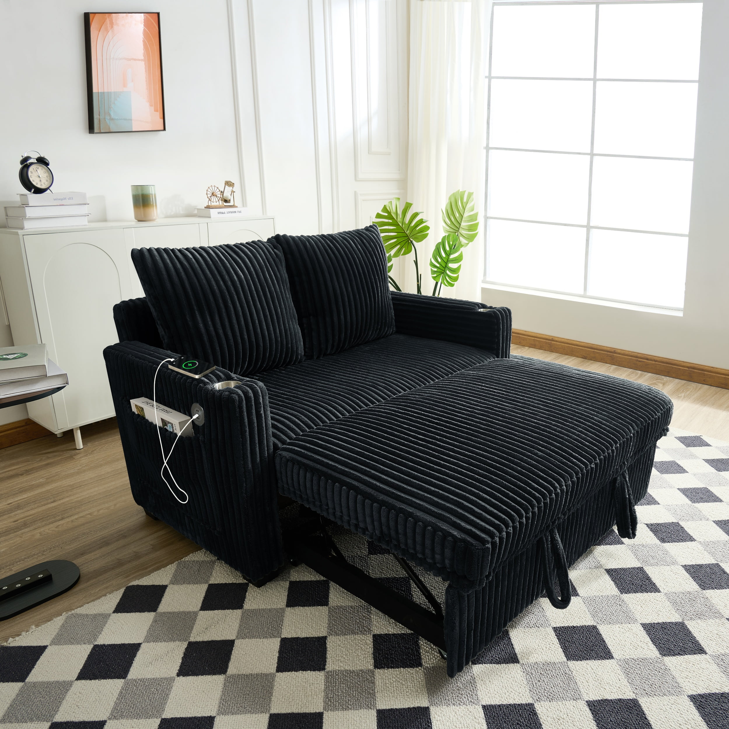 53-inch Recliner Sofa Bed with USB Charger, 5-Position Backrest & Pull ...