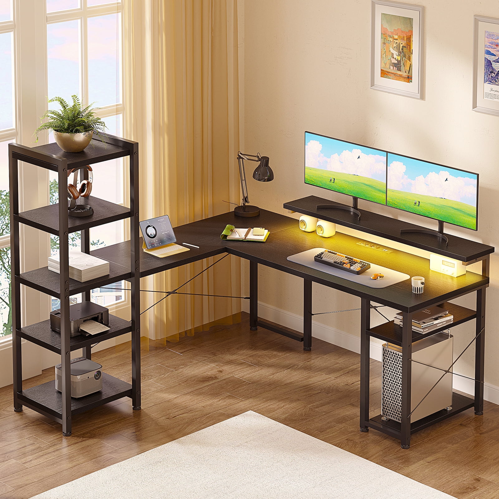53 inch Reversible L Shaped Corner Desk with Power Outlets & Bookshelf ...