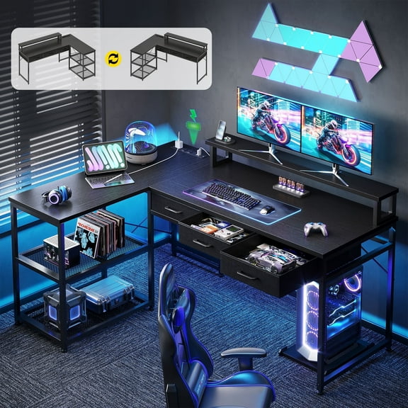 Romorgniz 55.6"W L Shaped Computer Desk with LED Lights & Power Outlets ...