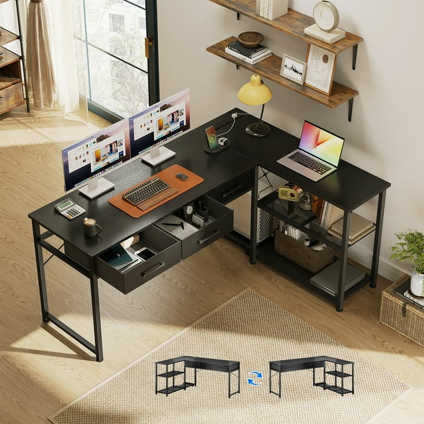 53 inch Reversible Office Desk with Power Outlets & USB Ports, Computer ...