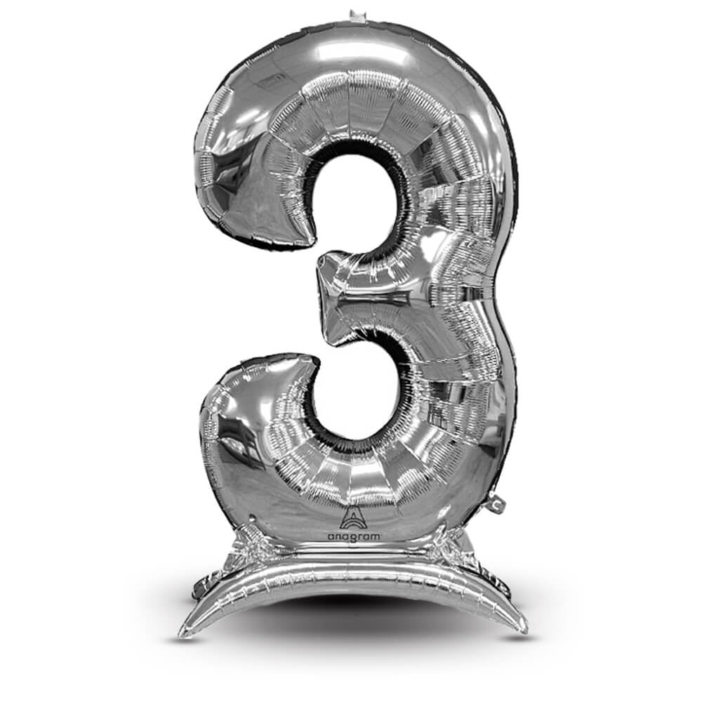53 inch Stand-Up Numberz 3 - Silver (Air-Fill Only) Foil Mylar Balloon ...