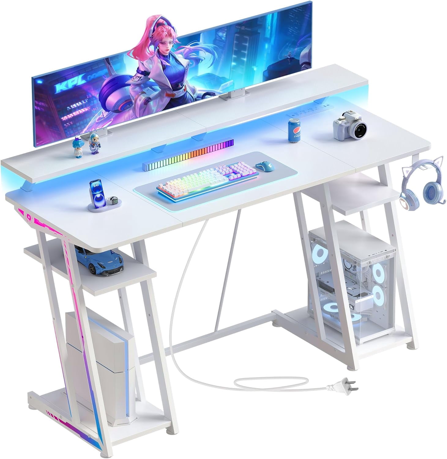 53-inch gaming desk with led lights & power outlets|carbon fiber gaming ...