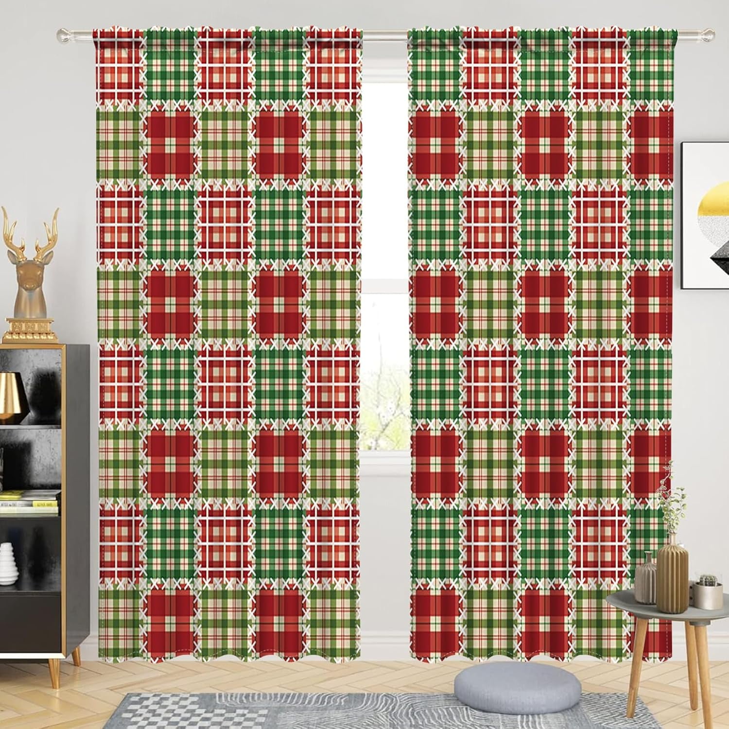 53 x 84 Inch Rustic Red Green Checker Window Curtains Gingham Plaid ...